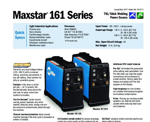 Miller Maxstar 161 STH (120V/240V) Hi Freq Remote Fingertip - Josef Gas