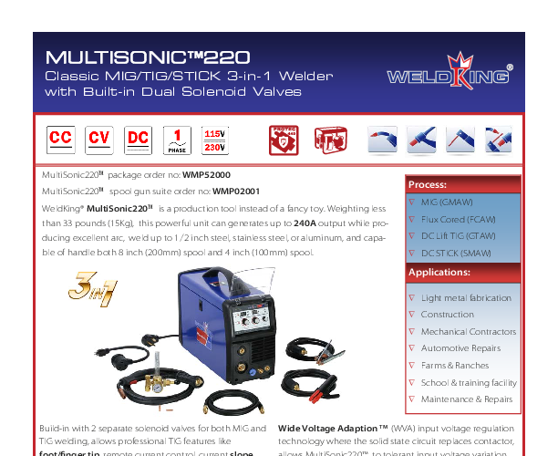 Mig/Tig/Stick Multisonic 3 in 1 Welder Weld King - Josef Gas